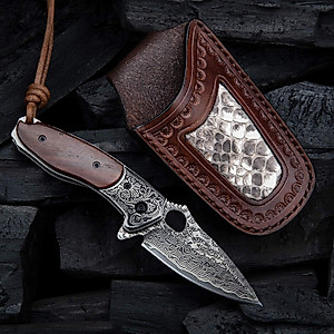 SPIRIT DEED edc pocket knife for men,2.5in japanese handmade vg10 damascus steel,rosewood handle,liner lock,leather sheath,folding knives for camping and hunting (rosewood, 2.8)
