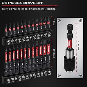 25-piece Torx Bit Set, 1''&2.5'' Security Tamper Proof Torx Impact Screwdriver Bits, T5-T40 CNC Machined Magnetic Tips, S2 Steel Star Bit, High Torque Strength Precision Tools with Storage Box