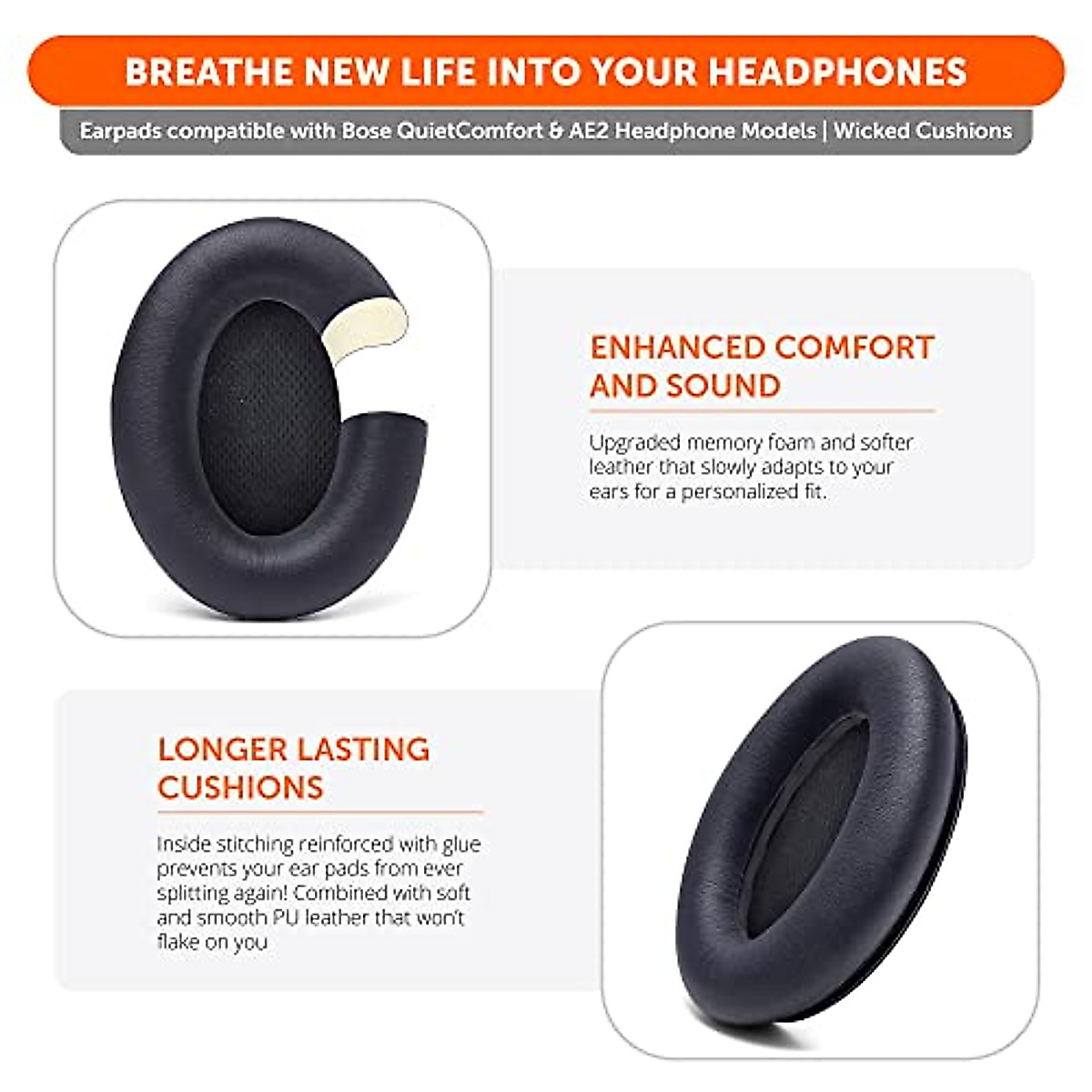 WC Upgraded Replacement Ear Pads for Bose QC15 Headphones Made by Wicked Cushions- Supreme Comfort - Compatible with QC25 / QC2 / AE2 / AE2i / AE2W - Extra Durable | (PU Leather)