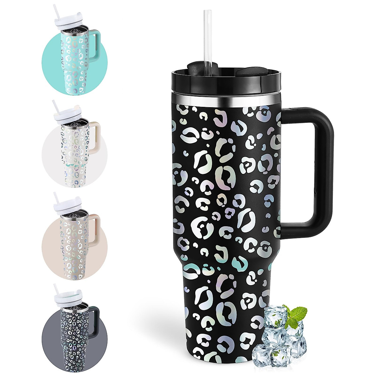 PIMDIR 40oz Leopard Tumbler with Handle Straw Lid, Stainless Steel Vacuum Insulated Reusable Travel Mug Keep Drinks Cold Ice Gym Cup, Gifts for Women Lovers, Car Holder Friendly, Black