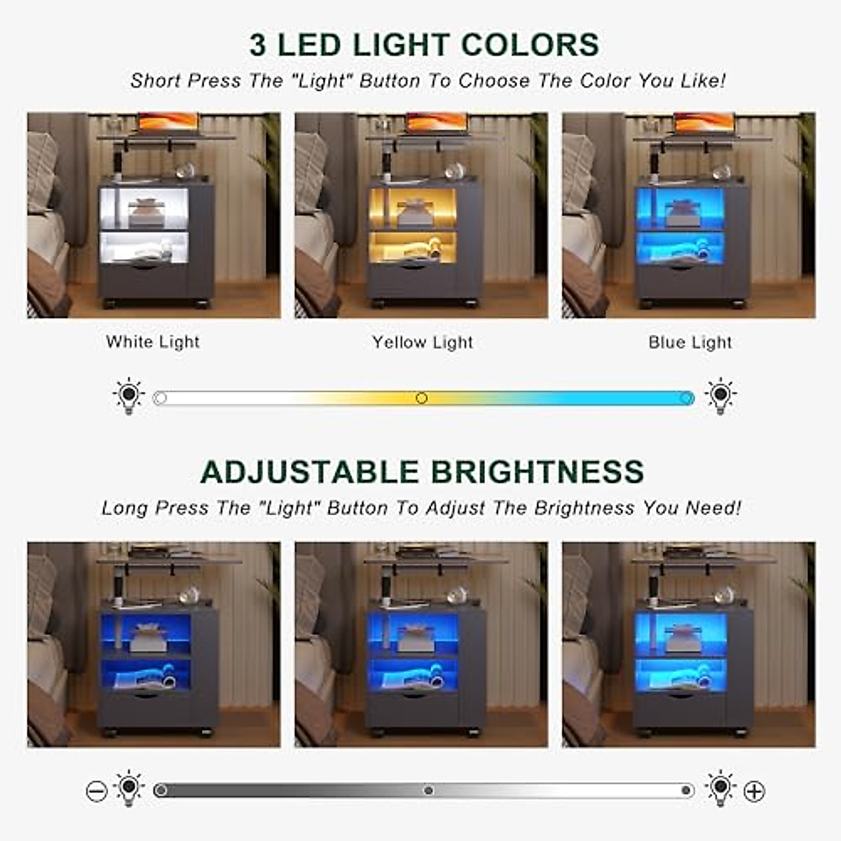 HNEBC LED Nightstand with Wireless Charging Station,Grey Nightstand Has Adjustable Rotary Table,Bedside Tables with One Drawer and 2 Mezzanines/Infrared Induction 3 Color Lighting (On The Right)
