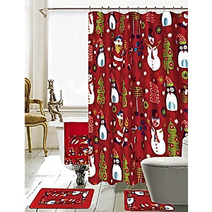 Season's Greetings 18 Piece Embroidery Bath Set 1 Bath Mat , 1 Contour Mat , 1 Shower Curtain , 12 Matching Roller Shower Hooks , 3 Piece Matching Towel Seat Small to Large (18 Piece,Merry Christmas)