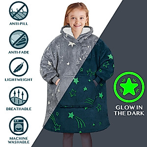 PAVILIA Wearable Blanket Sweatshirt for Kids Boy Girl Glow in The Dark Star, Warm Cozy Giant Blanket Hoodie, Fleece Sherpa Oversized Blanket Sweatshirt with Sleeves, Big Pocket