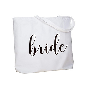 ELEGANTPARK Bride Jumbo Tote Bag Wedding Bridal Shower Gifts Canvas 100% Cotton Interior Pocket White with Black Script