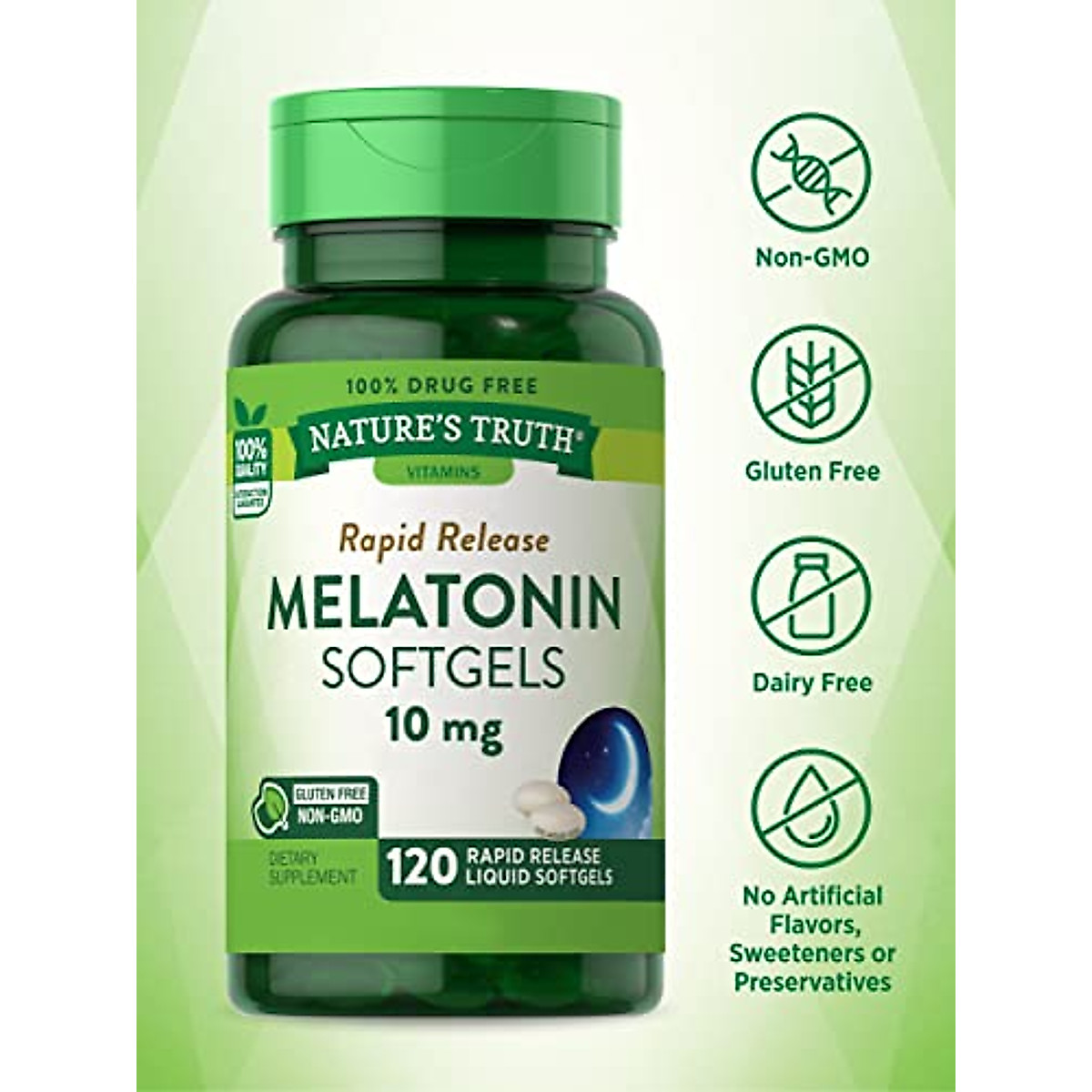 Melatonin 10mg | Quick Release Softgel Capsules | 120 Count | Non-GMO & Gluten Free Supplement | by Nature's Truth