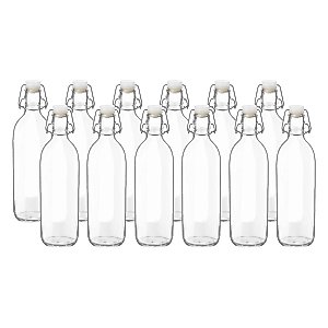 Bormioli Rocco Emilia Swing Top Glass Bottles -Set of 6- Clear Brewing Bottles for Beverages, Oil, Vinegar, Kombucha - Airtight Lid & Lead Proof Cap | 33.75 oz