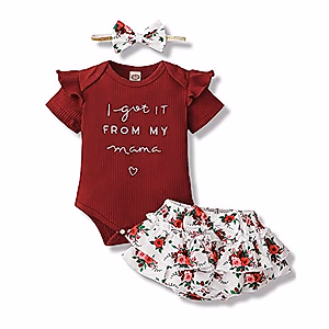 Mioglrie Newborn Baby Girl Clothes Romper Shorts Set Ruffle Infant Girl Clothes Knitted Baby Girls' Clothing Daddys Little Girl Baby Clothes Maroon Baby Clothes Girl 0-3 Months