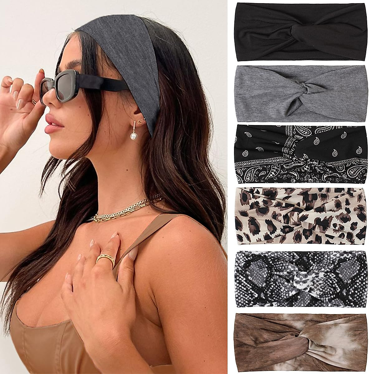 Kachanaa 6 Pack Solid Color Boho Style Non-slip Printed Headband Wigs for Women Soft Elastic Breathable Hair Bands Turban for Teen Girls Accessories(C1)