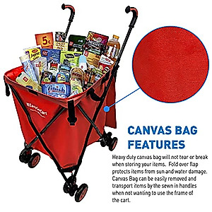 EasyGo Rolling Cart Folding Grocery Shopping Cart Laundry Basket Rolling Utility Cart with Wheels – Removable Canvas Bag - Versa Wheels & Rear Brakes - Easy Folding 120lbs Capacity – Copyrighted – RED