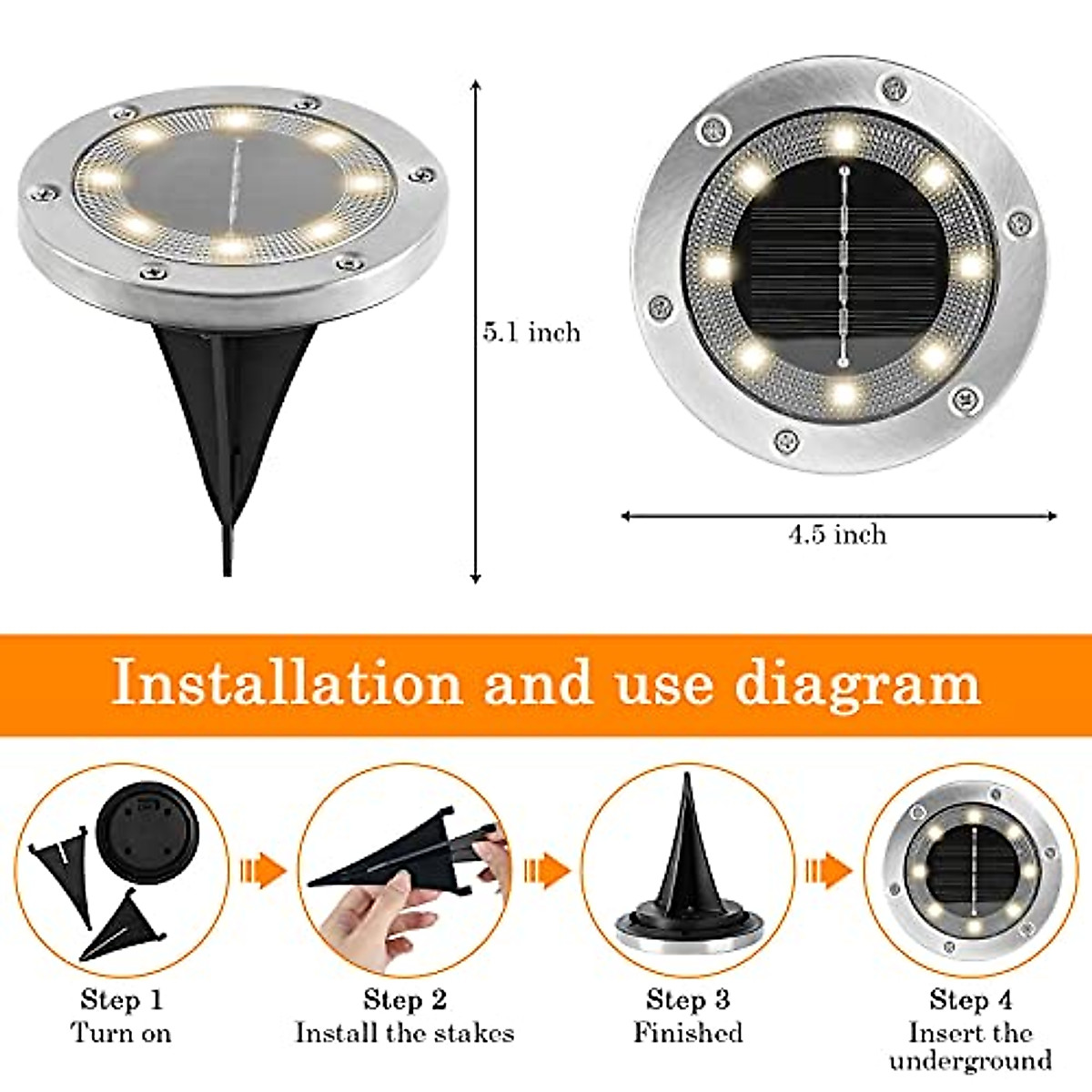 Solar Garden Lights, Plastic Diamond Cover Solar Ground Disk Lights Out Door Waterproof, Decorative Path in-Ground Lights Powered by Solar, for Lawn, Path, Yard, Step and Walkway (warm,4 pack)