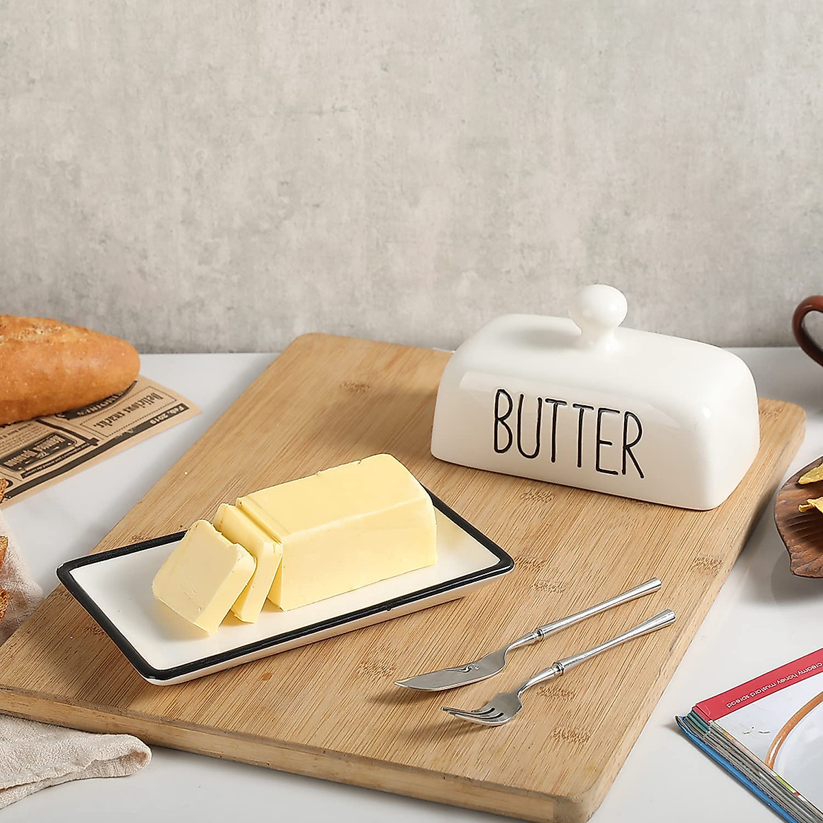MyGift Retro Style White Ceramic Butter Dish with Lid, Countertop Butter Container with Black Rim and BUTTER Word Design