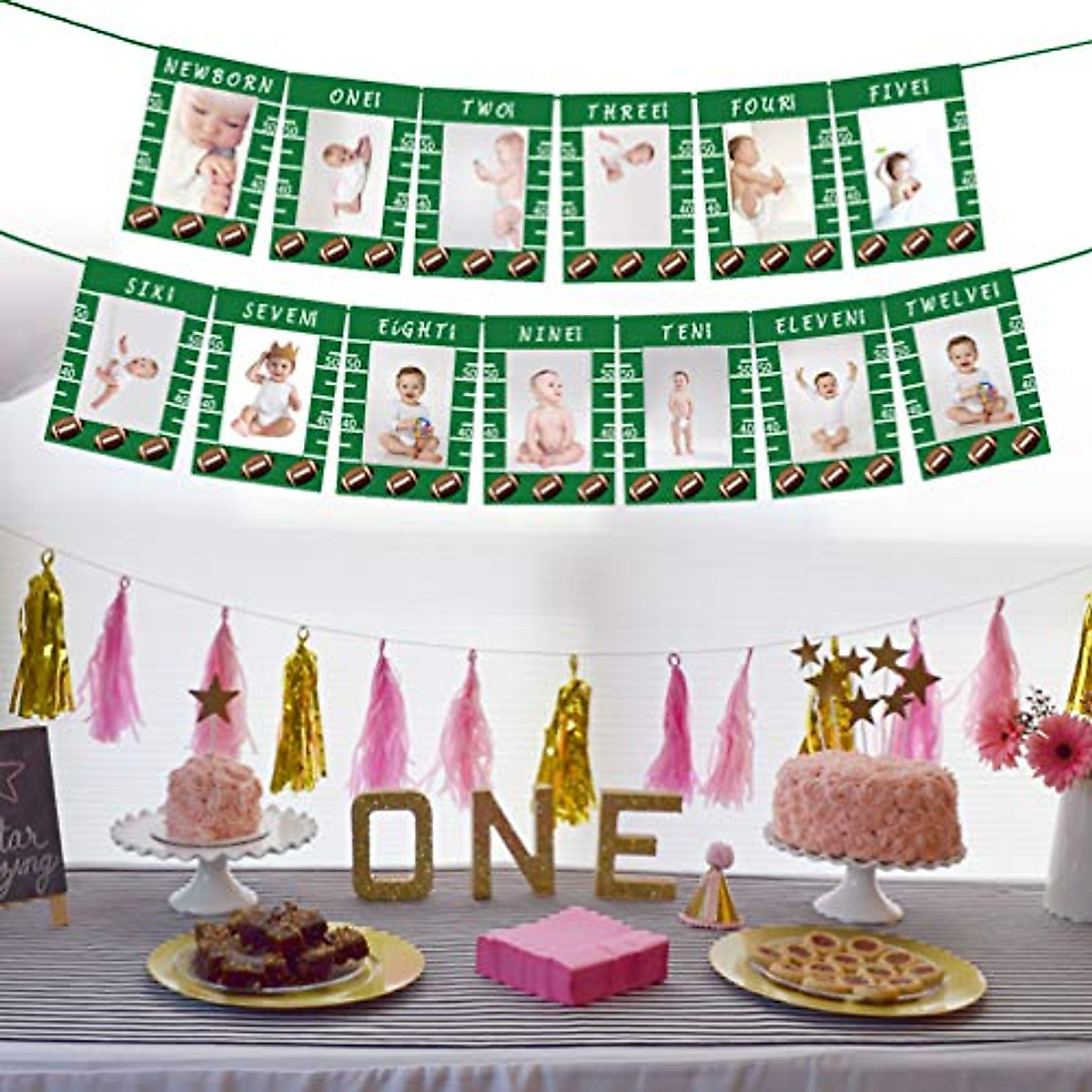 Amosfun 1st Birthday Photo Banner Football Theme Garland Banner for Newborn to 12 Months, Monthly Milestone Photograph Bunting Garland