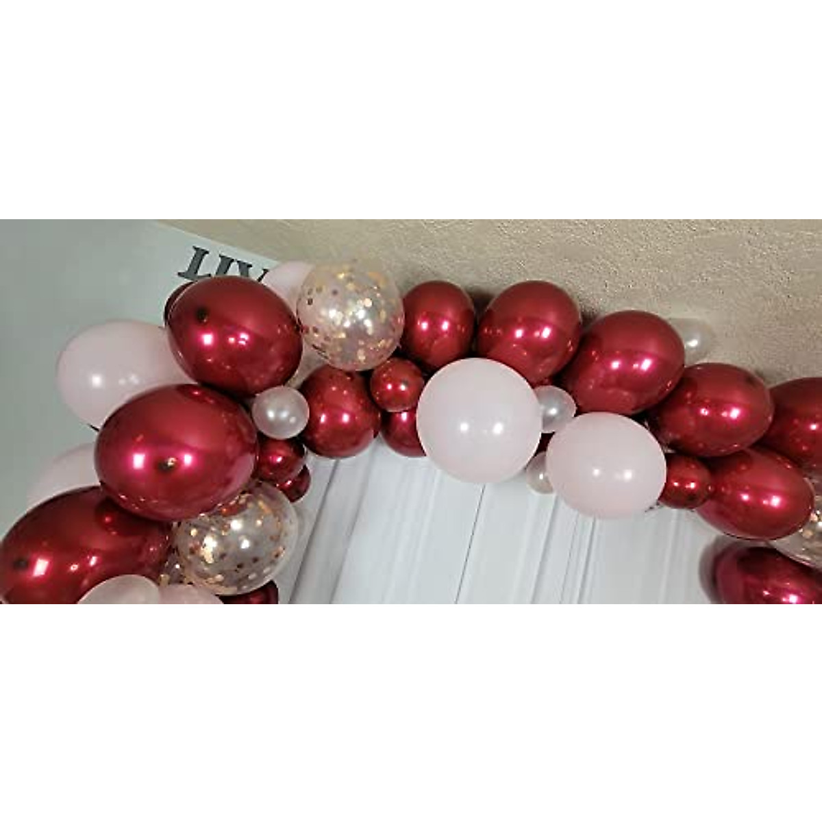 famzigo Burgundy balloon garland kit - 16.5 FT, rose gold, pink, metallic, white, clear with gold confetti, party decorations, wedding decoration, baby shower decor,100 glue dot pcs balloon arch