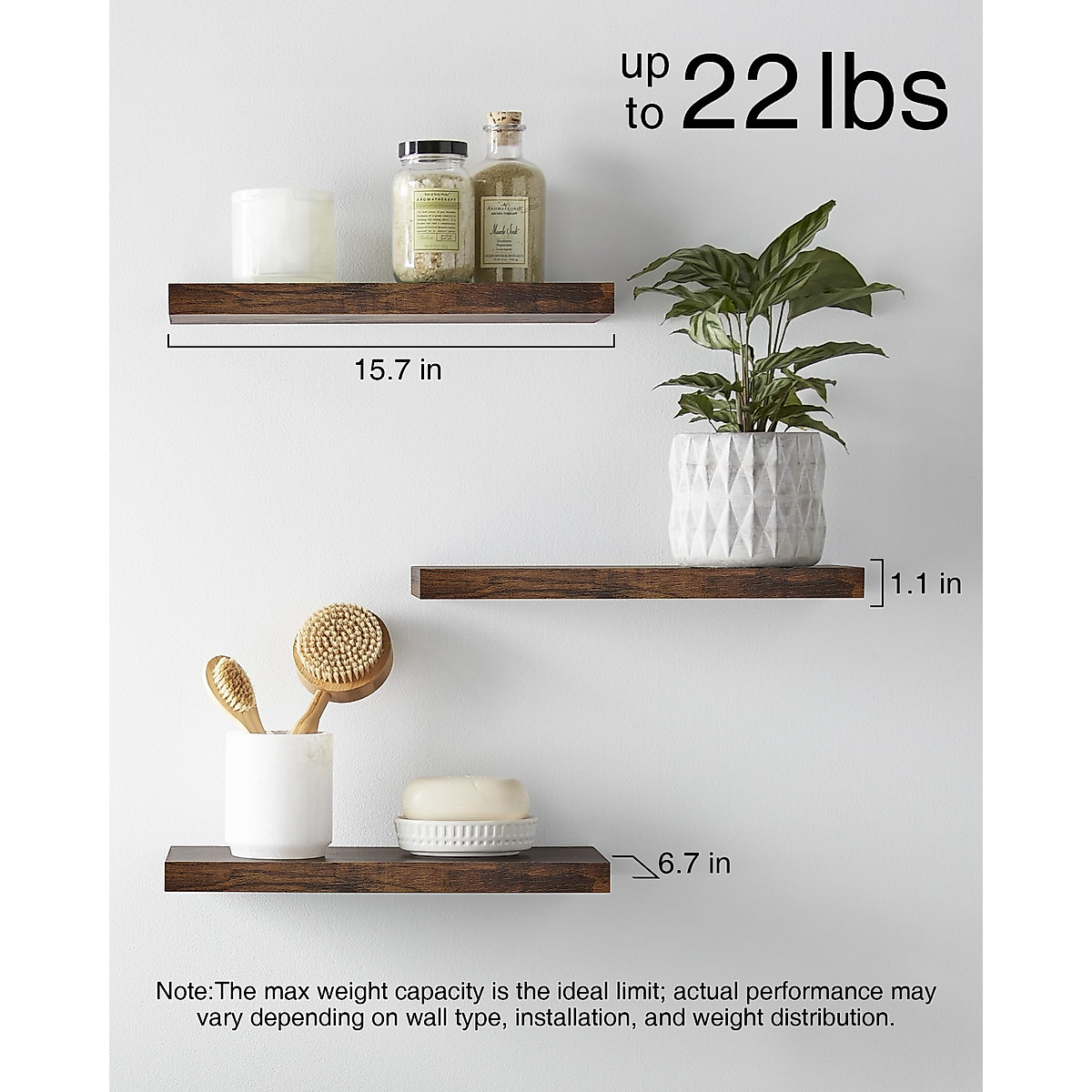 BAYKA Floating Wood Shelves - Wall Mounted for Bathroom,Bedroom,Living Room,Kitchen,Small Hanging Shelf for Books/Storage/Room Decor with 22lbs Capacity(Rustic Brown,Set of 3,15.7inch)