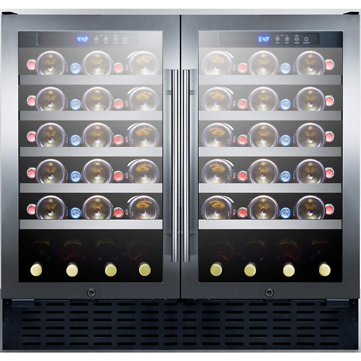 Summit SWC3668 36" Undercounter Dual Zone Wine Cooler with 68 Bottle Capacity LED Lighting Digital Thermostat Factory Installed Locks in Stainless