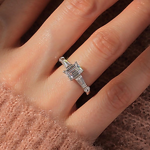 DoubleAccent Platinum Plated Sterling Silver Ring 1 CT Emerald Cut CZ Stone with Baguette Wedding Engagement Ring (Size 5 to 9), 6