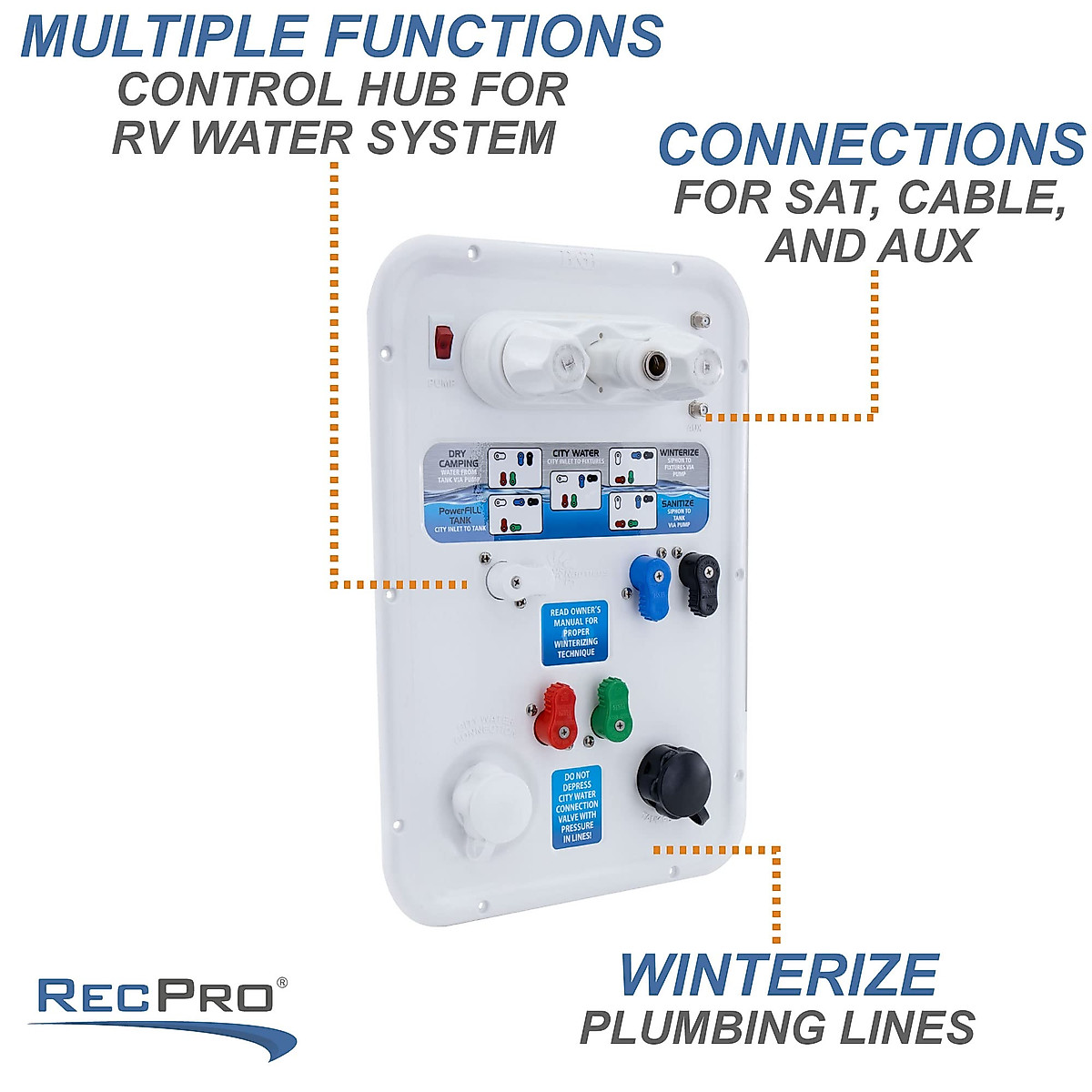 RecPro RV Water Management Panel | Nautilus P1 | 8-Function City-Water Fill (No, Don't Include Install Kit) | Made in USA