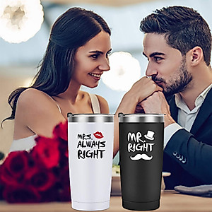 Mr. Right Mrs. Always Right Travel Tumbler Set, Wedding Engagement Gifts for Husband Wife Newlywed Couples Bride Groom Anniversary Bridal Shower, 20oz Stainless Steel Travel Tumbler, Black and White