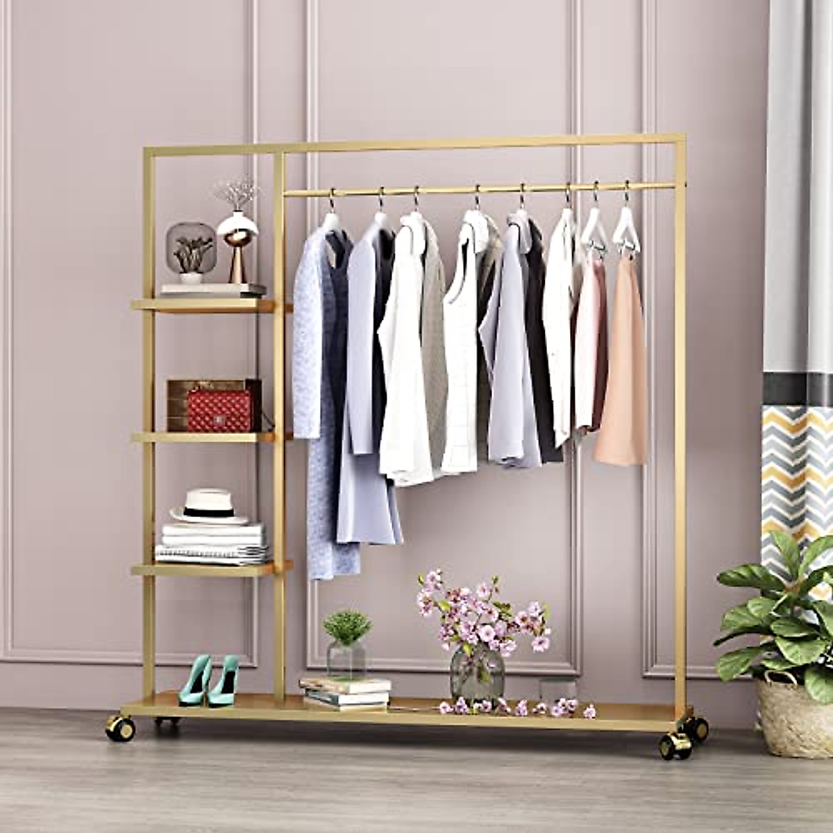 Smlttel Clothing Rack with Shelf,Boutiques Retail Display Clothing Rack,Heavy Duty Garment Rack,Multiple Uses Hanging Rack for Home and Retail(Gold)