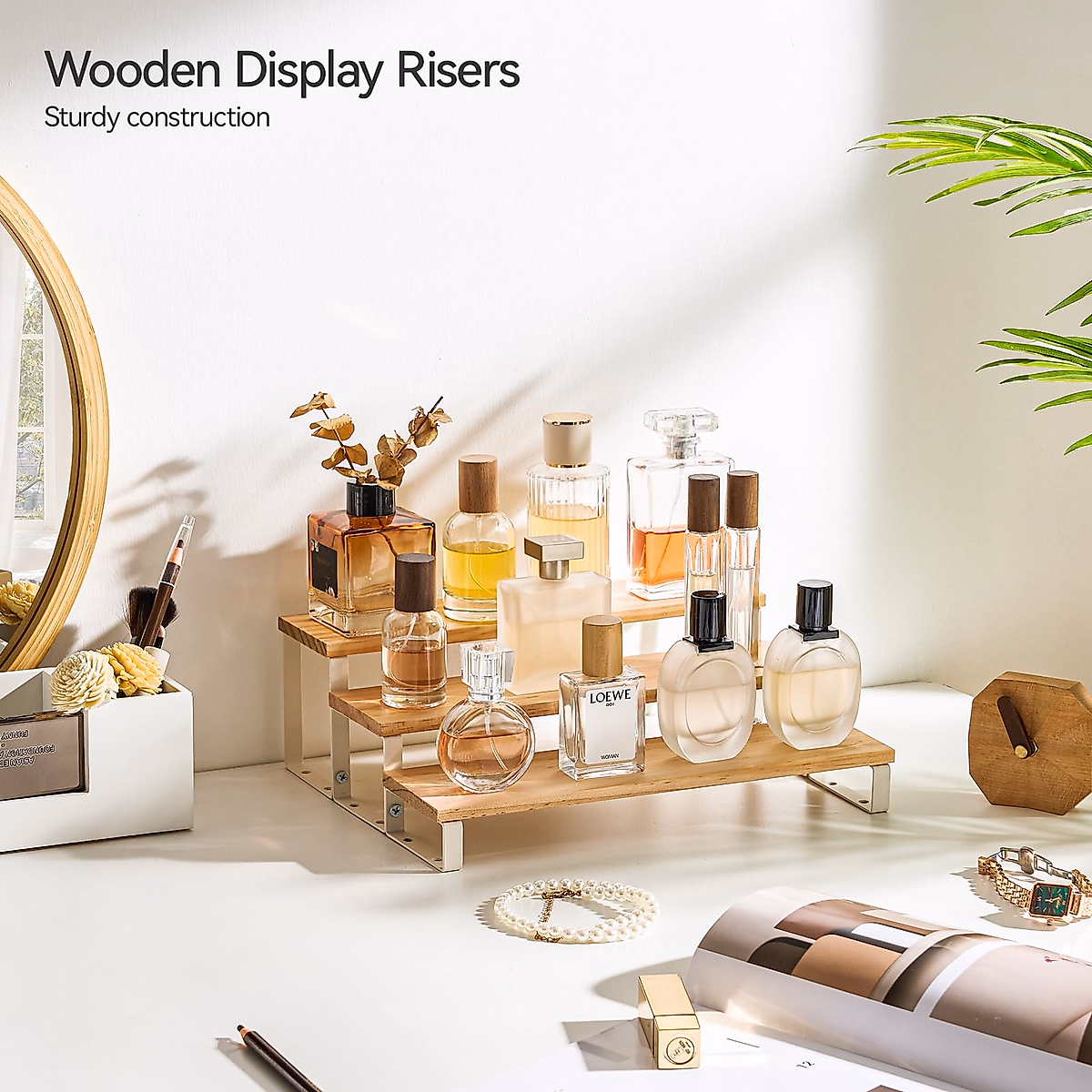 FOUCSSOMEI Spice Rack 3 Tier, Wooden Spice Rack Organizer for Cabinet, Kitchen Spice Rack for Wall, Display Risers for Party, Seasoning Organizer, Metal Frame, Free to DIY, Patented Design