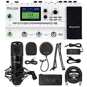 MOOER GE250 Guitar Amp Modelling and Multi Effects Pedal Bundle with Blucoil Cardioid Condenser Studio XLR Microphone, Boom Arm Plus Pop Filter, and 20-FT Balanced XLR Cable