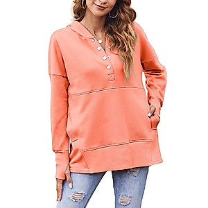 LaLaLa Women Casual Button V Neck Sweatshirt Oversized Pullover Hooded Tops with Pockets Orange