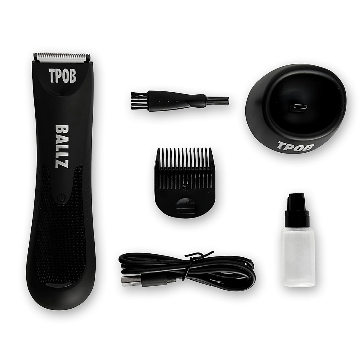 TPOB Ballz Male Grooming Trimmer - Cordless Rechargeable Hair Clippers for Men, Zero Gapped T-Blade, Electric Beard Trimmer Shaver - Black