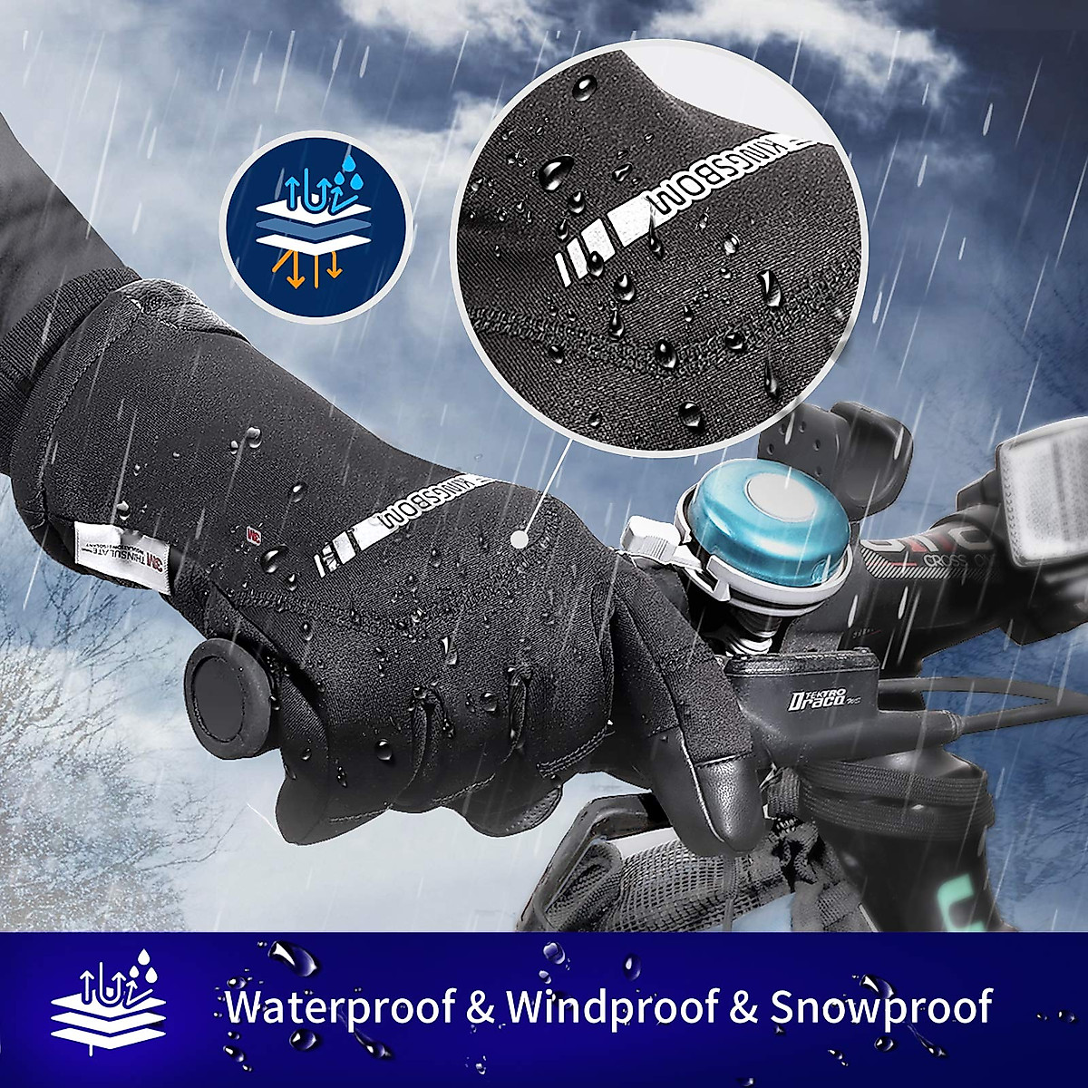 KINGSBOM -40℉ Winter Waterproof Thermal Gloves - 3M Thinsulate Windproof Touch Screen Warm Gloves - for Driving,Cycling,Running - for Women and Men - Black (X-Large)