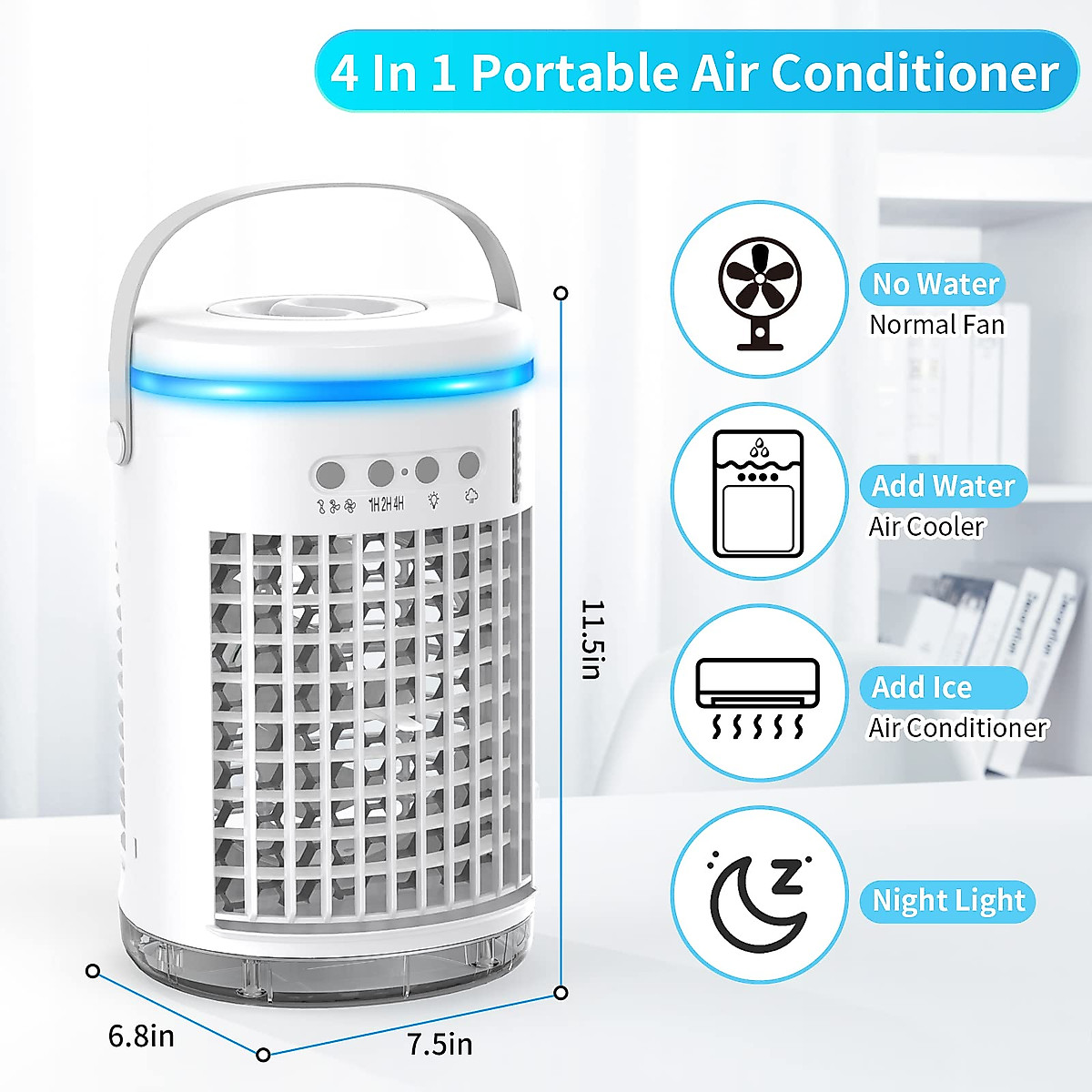 Mencapai Portable Air Cooler Fan, 4 in 1 Personal Evaporative Air Conditioner with 1400ML Water Tank, Remote Controller, Timer, 3 Wind Speeds, 2 Misting Modes and LED Light, for Home Office Bedroom