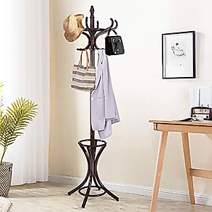 GOFLAME 73" Coat Rack Freestanding, Wooden Coat Tree with 12 Hooks and Umbrella Stand, Entryway Hall Tree, Hat Hanger Organizer, Coat Rack Stand for Coats, Hats, Scarves, Bags, Easy Assembly, Brown