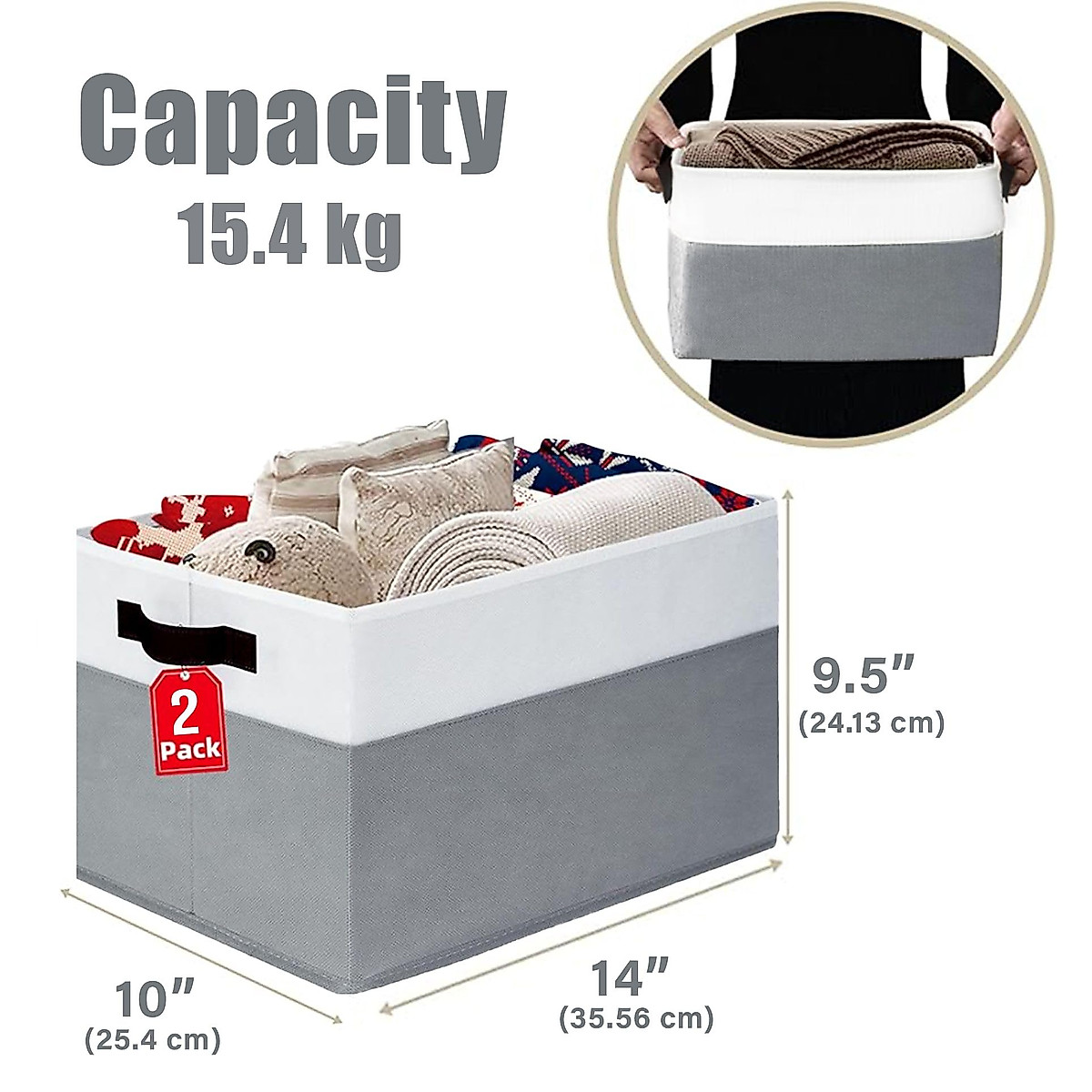 Large Storage Baskets and Drawer Organizer Set - 2 Fabric Shelf Baskets 14"x10"x9.5" & 6 Foldable Closet Divider Bins, Dark Grey - Collapsible Bins for Clothes, Toys, Nursery, Underwear