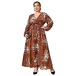 WDIRARA Women's Plus Size Floral Print V Neck Belted Bishop Long Sleeve Dress Brown 3XL