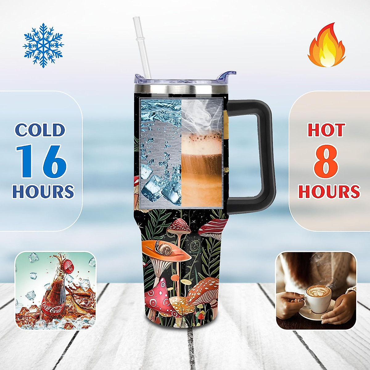 thmasamwr Mushroom Tumbler with Lid and Straw, Stainless Steel Mushroom 40oz Tumbler with Handle, Black Mushroom Travel Coffee Mug Mushroom Gifts Cups for Women and Men