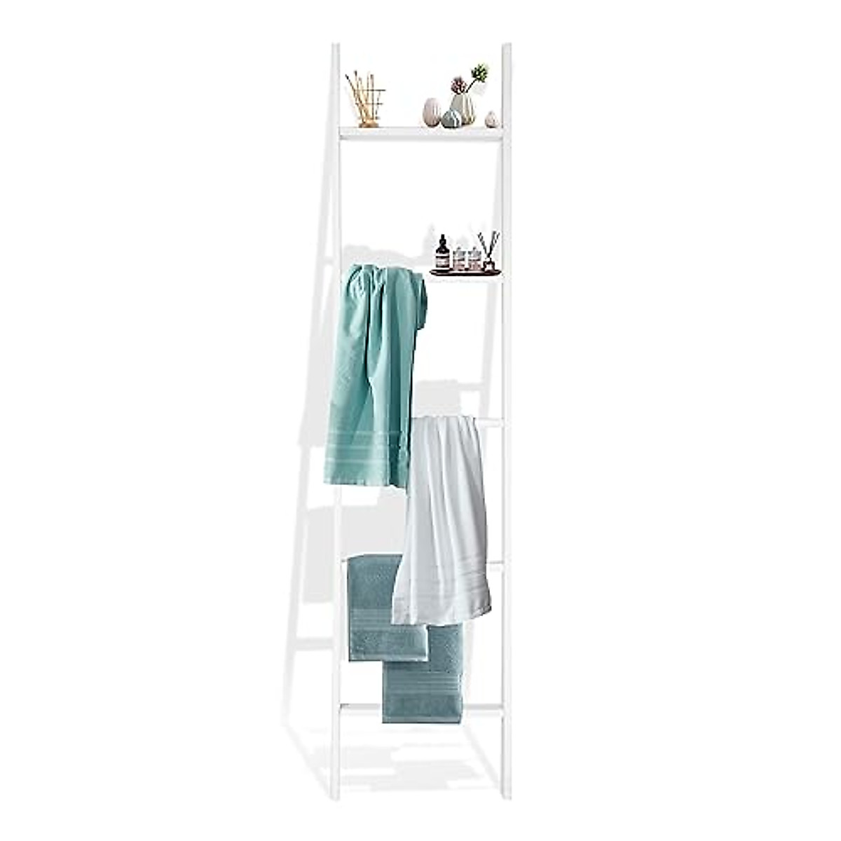 Babion Blanket Ladder, 5-Tier Ladder Shelf, Ladder Bookshelf, Wood Blanket Ladder, Wall Leaning Wooden Towel Blanket Ladder Storage Rack for Bathroom, White
