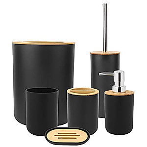 Tyenaza 6pcs Bathroom Accessories Set, Bamboo Bath Set Toothbrush Holder Toothbrush Cup Soap Dispenser Soap Dish Toilet Brush Holder Trash Can Straw(Black)