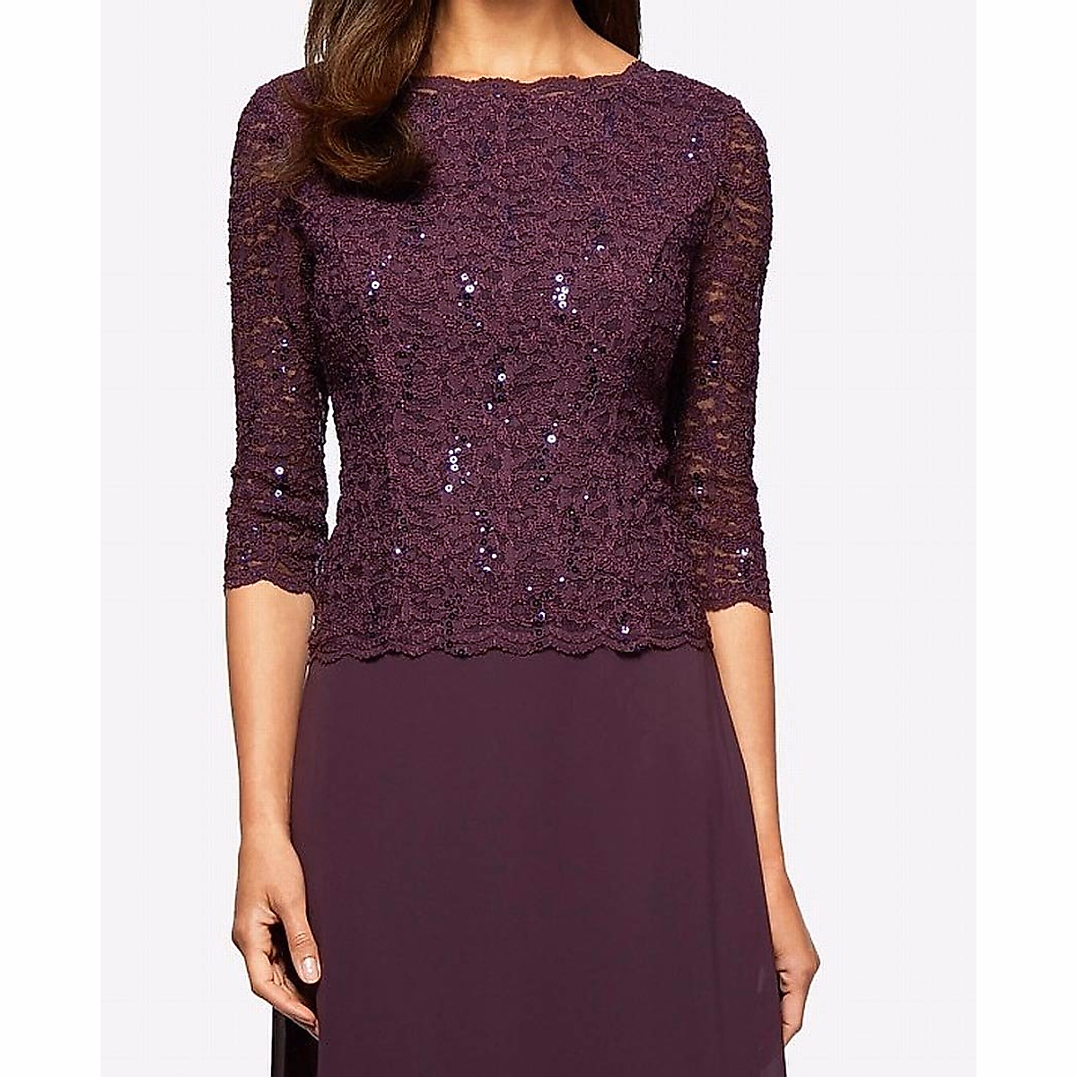 Alex Evenings Women's 3/4 Sleeve Stretch Lace Bodice One Piece Mother of The Bride Dress (Petite and Regular Sizes), Deep Plum, 8