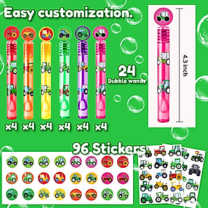 24PCS Tractor DIY Bubble Wands Party Favor 96PCS Stickers for Goodie Bag Fillers Pinata Stuffers, Mini Bubble Bulk Farm Birthday Party Supplies Toys Gifts Class Prizes Toddlers Boys Girls