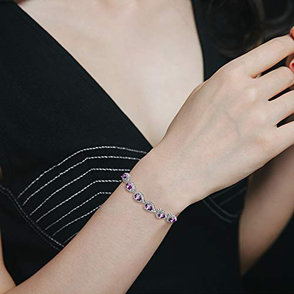 BriLove Wedding Bridal CZ Necklace Bracelet Earrings Jewelry Set for Women Teardrop Infinity Figure 8 Y-Necklace Tennis Bracelet Dangle Earrings Set Amethyst Color Silver-Tone February Birthstone