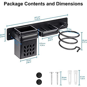 MORROWIND Hair Dryer Holder, Wall Mounted Hair Dryer and Straightener Holder Space-Saving Hair Care Tools Organizer Bathroom Hanging Shelf Hairdryer Storage Holder with Plug Hook, Black