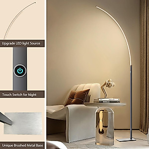 Modern 63" Arc Floor Lamp - Brushed Sliver Standing Lamp for Living Room and Bedroom, Touch Control 3000K Warm Light and 3-Way Dimmable Brightness Grey Lamp, Unique LED Corner Floor Lamp for Couch