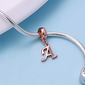 Letter Charms Rose Gold 925 Sterling Silver Alphabet Initial Crystal Dangle Beads fit Pandora Bracelets (A)