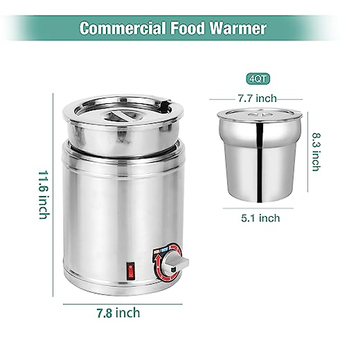 Restlrious Commercial Bain Marie Buffet Soup Warmer, Stainless Steel Round Food Warmer, 4 QT Electric Adjustable Temp Pot with Ladle Notch, Soup Station for Restaurant, Buffet, Parties, 110V/1000W