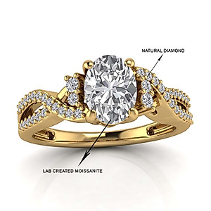 Pretty Jewels Infinity Style, Center 7.5x5.5mm Oval Cut Lab Created Moissanite And Natural White Diamond Solitaire Engagement Rings for Women In 14k Yellow Gold Gift For Her (1.16 Cttw) Size-7