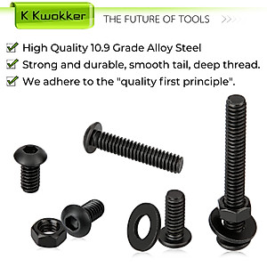 K Kwokker 1/4 20 Bolt and Nuts, 7 Sizes are 2", 1-1/2", 1-1/4", 1", 3/4", 5/8", 1/2", Button Head Hex Socket Cap Screws, Black, Full Machine UNC Thread, with Washers for Screws, 219Pcs Totally
