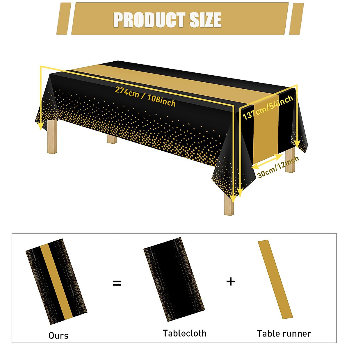byojia 4 Pack 2in1 Disposable Plastic Tablecloths 54" x 108" Black and Gold Dot Kitchen Table Cloth Rectangle Table Cover for Wedding Birthday Baby Shower Anniversary Christmas Graduation