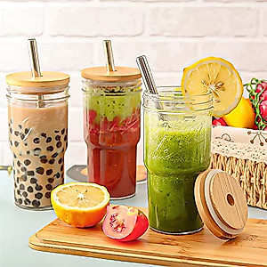SYOUACEND 2 Pack 24oz Glass Tumbler Cup with Bamboo Lid and Straw, Reusable Mason Jar Drinking Glasses Iced Coffee Cup, Wide Mouth Glass Bottle for Bubble Tea, Smoothies, Juice, with 2 Cleaning Brush