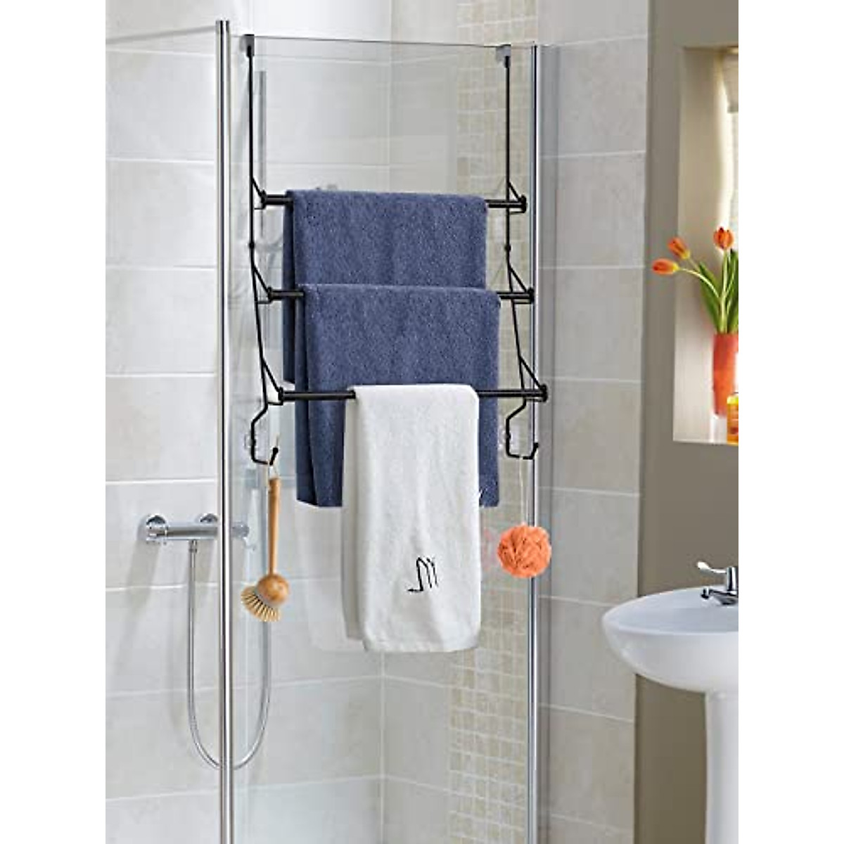 Elbourn Adjustable Over The Door Triple Towel Rack with Hooks, Towel Bar Hanger for Bathroom, Black