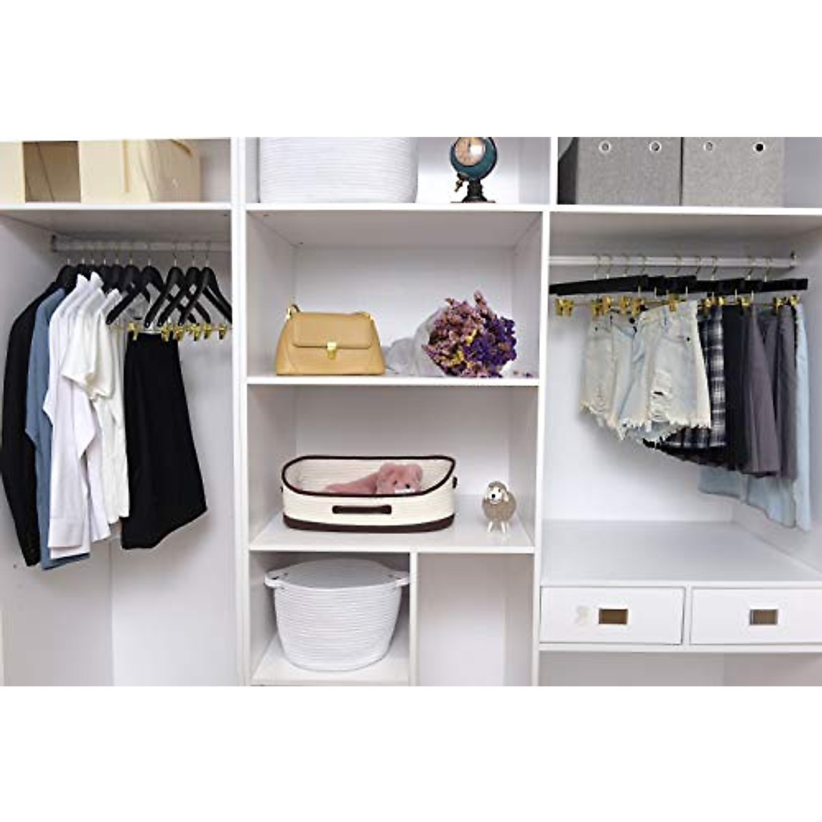 Quality Hangers Black Wooden Pants Hangers - 20-Pack Swivel Hook Cloth Hanger Set - Lotus Wood Skirt, Pant, Shorts and Slack Hangers with Adjustable Clip – Black Clothing Hanger (Gold Hook, 20)