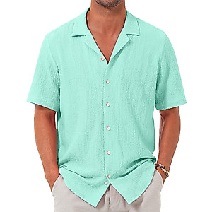 Alimens & Gentle Men's Seersucker Hawaiian Shirts Casual Short Sleeve Button Down Shirt for Men Summer Beach Shirt(Mint Green, Large)