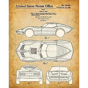 Original Corvette Patent Art Prints - Set of Four Photos (8x10) Unframed - Makes a Great Man Cave Decor and Gift Under $20 for Corvette Owners and Car Enthusiasts